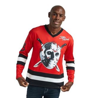 Bioworld Friday The 13th Jason Mask Maillot de hockey &agrave; manches longues pour homme Colorblock Cosplay, Rouge, Taille M
