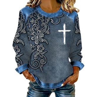 Generic Sweats chr&eacute;tiens pour femmes vintage denim patchwork religieux foi J&eacute;sus sweatshirts croix graphique tops surdimensionn&eacute;s col rond &eacute;pissure pulls prin
