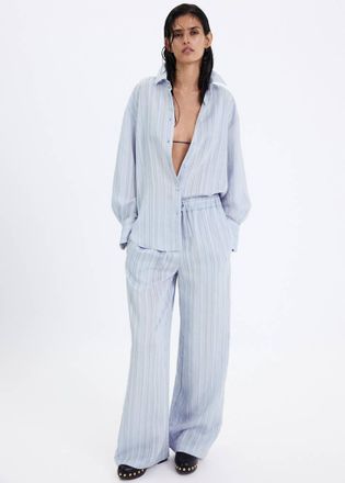 Mango Pantalon droit &agrave; rayures bleu - Femme - XS - MANGO