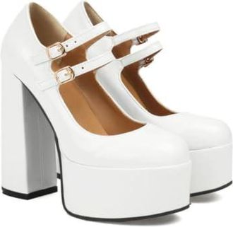 Generic Femmes Chunky Platform Heel - Punk Goth Pompes Patent Cheville Strap Party Dress Chaussures,Blanc,37 EU