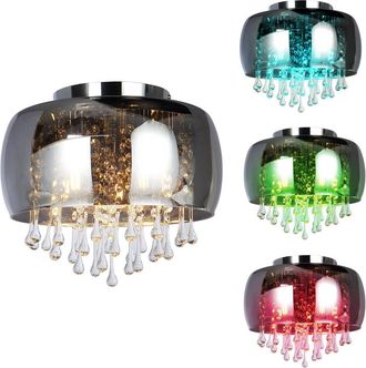 ETC Shop Glas Decken Lampe rauch FERNBEDIENUNG Kristall Chrom Leuchte DIMMBAR im Set inkl. RGB LED Leuchtmittel