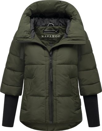 Navahoo moderne Damen Winterjacke warme Steppjacke mit Kapuze und Rippstrick&auml;rmeln Lotusherz XIV Dark Olive Gr. XS