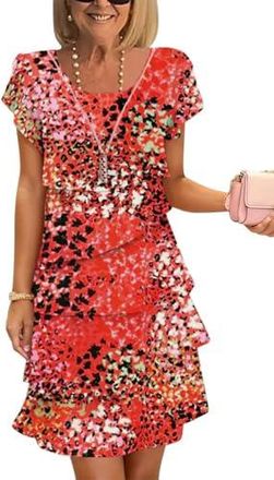 Onsoyours Femmes Été Robe en Mousseline Col Rond Élégante Robes De Soirée Fleurs Impression À Manches Courtes Volants Léger Et Respirant Mini Dress Décontracté 