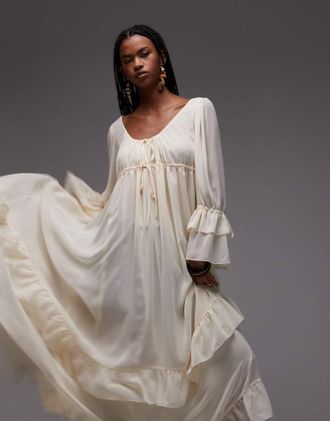 Asos Robe longue nouée sur le devant en mousseline volumineuse - Écru-Blanc