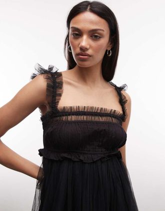 AllSaints Angela - Robe babydoll courte et sans manches en dentelle avec fronces - Noir