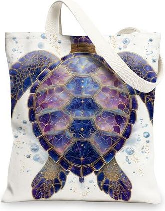 Generic Sacs en toile motif tortue, sacs dépicerie réutilisables avec motif tortue océanique, élégants, légers, lavables avec bandoulière, blanc, 13x15 Inch