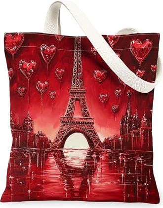 Generic Sac fourre-tout en toile avec motif de coeur pour la Saint-Valentin, motif tour de Paris romantique, sacs de courses r&eacute;utilisables, l&eacute;gers et lavables