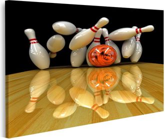 Islandburner Bild auf Leinwand Kegeln Bowling Spiel auf Holzboden mit Orange Kugel und Kegeln Bilder Wandbilder Poster