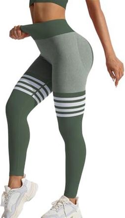 Generic Legging dext&eacute;rieur ray&eacute; pour femme, taille haute, pantalon de yoga et de course, pantalon de sport 3/4, avec poche pour t&eacute;l&eacute;phone portable, vert noir,