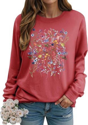 Dresswel Sweatshirt Damen Vintage Inspirierte Botanisches Blumen Druck Rundhals Langarmshirt Baumwolle Pullover Herbst Winter Langarm Oberteile Tops