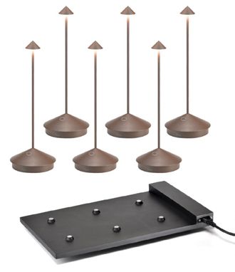 Zafferano Pina Pro Rostbraun 6er Set, Wiederaufladbare Kabellose LED Tischlampe, Touch Control, Dimmer 2200-3000 K, H&ouml;he 29 cm, mit 6er Ladestation