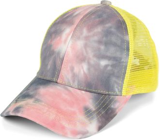 styleBREAKER Damen Ponytail Baseball Cap im Batik Look mit Mesh Einsatz, Basecap, Klettverschluss verstellbar 04023081, Farbe:Rose-Grau-Gelb