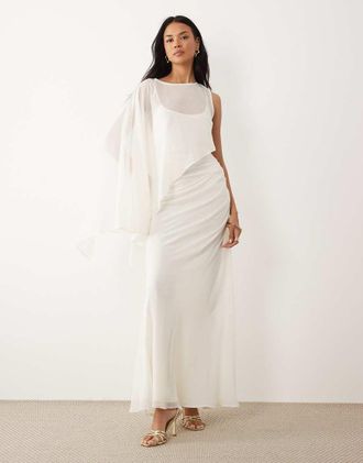 Asos Drapiertes Maxikleid in Elfenbein mit asymmetrischem One-Shoulder-&Auml;rmel und Fledermaus&auml;rmel-Wei&szlig;