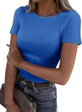 Generic Chemises &agrave; manches courtes en tricot c&ocirc;tel&eacute; pour femme, tenues d&eacute;t&eacute; tendance, T-shirts basiques en tricot c&ocirc;tel&eacute; &agrave; encolure d&eacute;gag&eacute;e, bleu, XXL