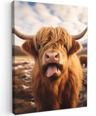 MuchoWow © Leinwand 60x80 cm Deko Schlafzimmer Aesthetic Leinwandbilder Wohnzimmer Gemälde Foto Geschenk Living Room Decoration Schottische Hochlandrind - Kuh 