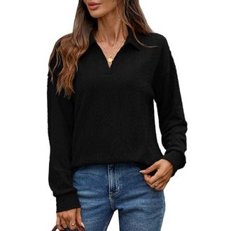 Generic Femmes Printemps Automne Revers Pull Sweatshirt Col V Sport T-Shirt Respirant Pulls Mode Polo Shirts Casual Loose Top, Noir, XXL