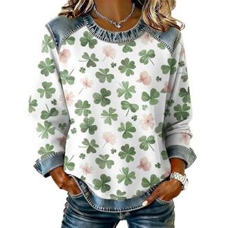 Generic Sweat-shirt de la Saint-Patrick pour femme Imprim&eacute; Patchwork Denim Col rond Manches longues Lucky Shamrock Pull Tops, blanc, XXL