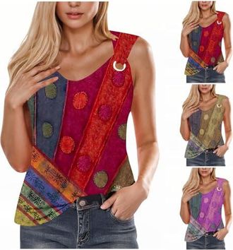 Generic D&eacute;bardeur d&eacute;contract&eacute; &agrave; col en V pour femme - Imprim&eacute; r&eacute;tro - Bretelles larges - T-shirt sans manches - D&eacute;contract&eacute; - Ample - D&eacute;contract&eacute; - Gilet d&eacute;t&eacute;