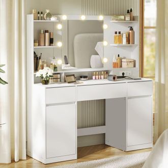 Vasagle Coiffeuse avec Miroir LED, Multiprise, 2 Placards, 9 Ampoules, &Eacute;clairage 3 Couleurs, Blanc