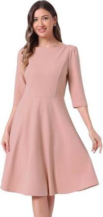 Allegra K Robe Trap&egrave;ze de Business Femme Col Bateau Demi Manches Robe &Eacute;l&eacute;gante &Eacute;vas&eacute;e Robe Mi-Longue de Bureau Rose S