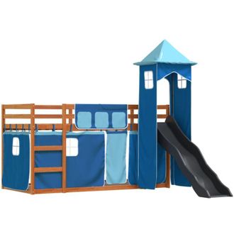 vidaXL Etagenbett mit Rutsche und Gardinen Blau 90x200 cm Vidaxl