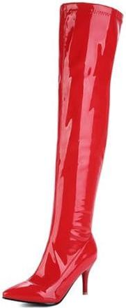 Generic Rouge,36 EU,Bottes Cuissardes en Cuir Verni PU pour Femmes, Bout Pointu, Fermeture éclair latérale, Talons Aiguilles Confortables, Tendance, Cuissarde