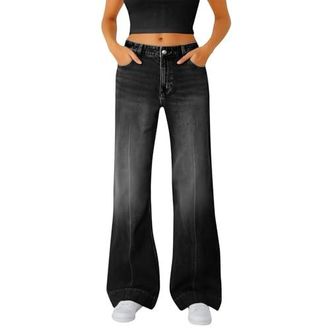 Generic Jean taille haute pour femme - Extensible et confortable - Pantalon Palazzo baggy en denim - D&eacute;lav&eacute; - Coupe ample - Avec poches - &Agrave; porter au quotidie