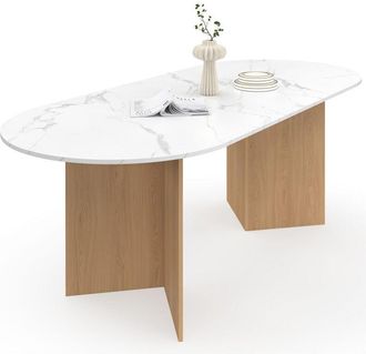 IDMarket Table &agrave; manger extensible ovale MARTHE 6 -10 personnes plateau marbre blanc ALASKA et bois fa&ccedil;on h&ecirc;tre 160-200 cm