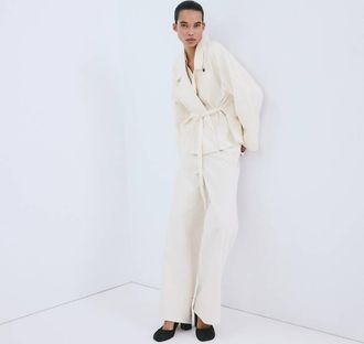 Mango Trench-coat en coton maxi &agrave; revers avec ceinture blanc cass&eacute; - Femme - XL - MANGO
