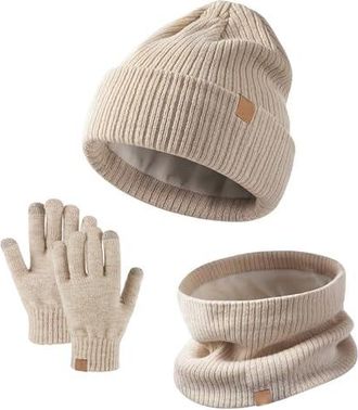 Generic Lot de 3 gants dhiver tricotés pour enfants avec bonnet, moufles tactiles, cache-cou pour garçons et filles de 5 à 14 ans, kaki, Taille unique