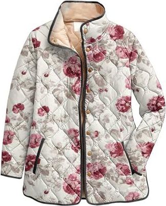 Generic Veste matelassée à manches longues pour femme - Imprimé floral - Motif graphique rétro - Léger - Rembourré - Col montant - Chaud - Hiver - Automne, bl
