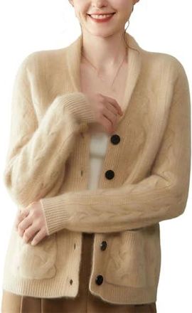 Generic Cardigan ouvert en cachemire pour femme - Tricot torsad&eacute; - &Eacute;pais et chaud - Col en V - Manches longues, Riz velours vert, XS