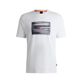 HUGO BOSS Homme, Tops, Blanc, Taille: L T-shirt Homme en Coton avec Imprimé sur le Devant