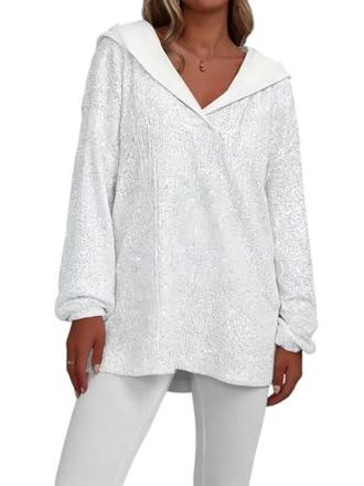 ORANDESIGNE Sweat Paillettes Femme Capuche Sweat &agrave; Capuche Paillettes Sweats Oversize Hoodie Col en V Manches Longues A Blanc XXL