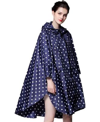 Nuur Damen Regenponcho Regencape Regenmantel Unisex Regenjacke Festival Wasserdicht Wiederverwendbar mit Kapuze Blau Punkten