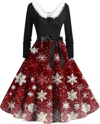 Generic Robes amincissantes de No&euml;l, col en V, temp&eacute;rament, d&eacute;contract&eacute;, coupe ajust&eacute;e, grande robe trap&egrave;ze, Rouge, L