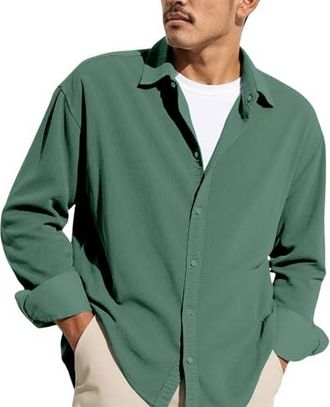 Generic Chemise en velours c&ocirc;tel&eacute; pour homme, grande taille, chemises &agrave; manches longues, col standard, t-shirt boutonn&eacute; de couleur unie, cardigan d&eacute;t&eacute; d&eacute;contr