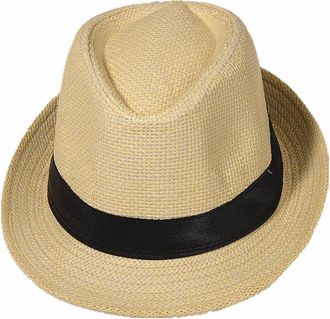 Miobo Strohhut Panama Fedora Trilby Gangster Hut Sonnenhut mit Stoffband Farbe:-Beige (Strohhut) Gr:-54