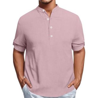 Generic Chemises en lin pour homme - Chemises &agrave; manches courtes en coton et lin pour homme - Polo &agrave; manches courtes - Col en V - Lot long - Blanc - T-shirt de