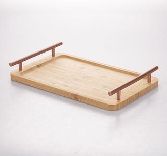 Villa D'Este Home Tivoli Rechteckiges Tablett aus Bambus, 33 x 20 cm, Griffe in Ros&eacute;gold, Natur