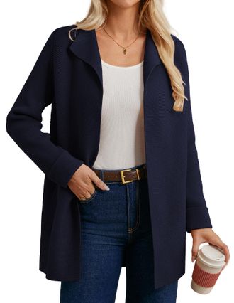 Grace Karin Damen Lange Strickjacke Langarm Reverskragen Elegant Cardigan Open Front Strickmantel Marineblau XXL