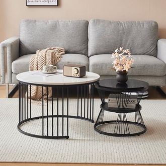 Merax Lot de 2 Tables Basses Rondes, Modernes, Brillant, pour Salon, Salle de réception, Balcon et Bureau, Structure en métal, Forme Unique, Noir et Blanc