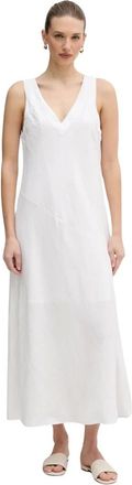 DKNY Dkny - Robe Mi-longue Sans Manches en Lin &agrave; Col en V - Femme - Robes - Blanc - Taille: 36 FR