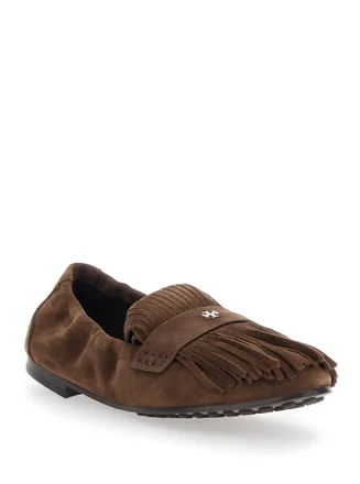Tory Burch Womens Brown Suede Loafers With Fringe And Metallic Logo Calf