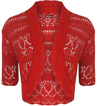 WearAll Boléro Cardigan Tricoté Crochet à Manches Courtes - Hauts - Femme - Rouge - 42-44