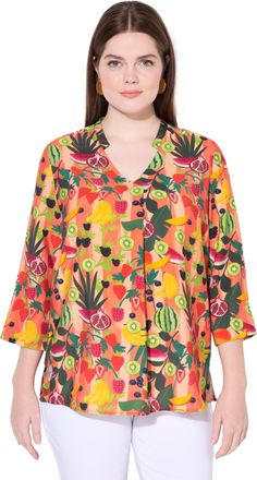 Ulla Popken Damen große Größen Übergrößen Plus Size Tunika, Früchte, Stehkragen, V-Ausschnitt, 3/4-Arm kräftiges orange 62+ 838185658-62+