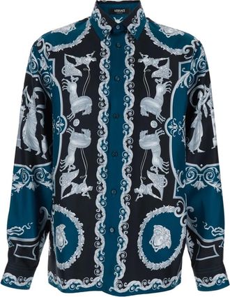 Versace Homme, Chemises, Multicolore, Taille: XL Hall of Heroes Print Silk Shirt
