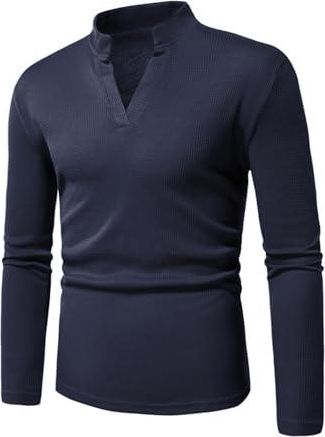 Generic Pull &agrave; col en V pour homme - Col roul&eacute; - L&eacute;ger et respirant - Manches longues - Haut confortable pour printemps et automne, bleu marine, XXL