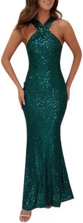 Minetom Femme &Eacute;l&eacute;gante Robe &agrave; Paillettes sans Manches Maxi Robes de F&ecirc;te Soir&eacute;e Mariage Cocktail Col Licou Robe Longue A Vert XS