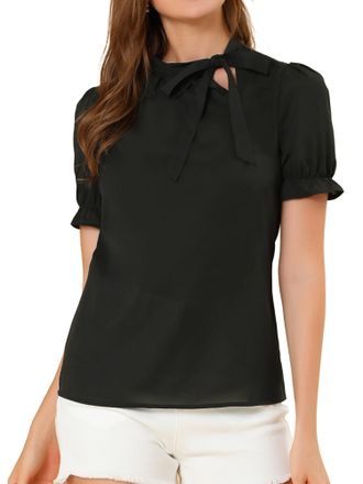 Allegra K Damen Sommer Elegant Bluse 50er Jahre mit Schleife Schluppenbluse Festliche Blusen Kurzarm Panel Fliege Hals R&uuml;schen Top Schwarz XS